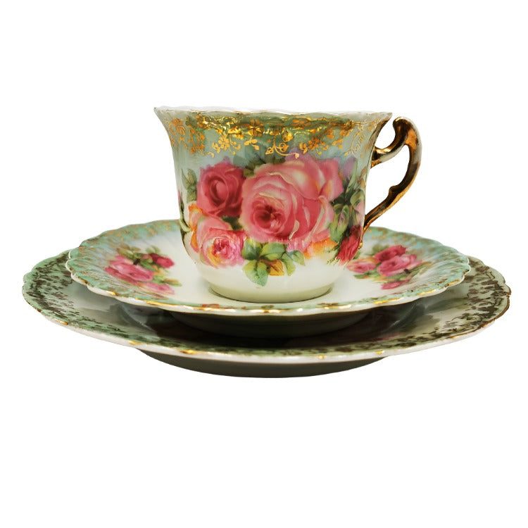 Antique Beyer and Bock Floral Porcelain China Teacup Saucer and Side P ...