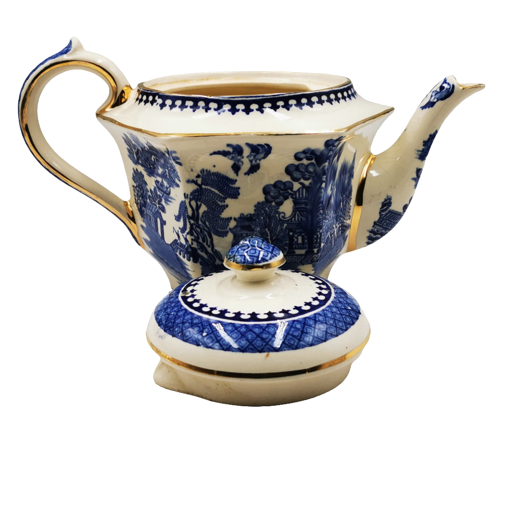 Vintage Sadler Blue and White China Blue Willow Hexagonal Walled Teapo ...